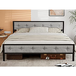 IKIFLY Metal California King Size Bed Frame with Upholstered Linen Headboard Footboard, Mattress Foundation, Heavy Duty Metal Slats, Easy Assembly, No Box Spring Needed - Light Grey/Cal King