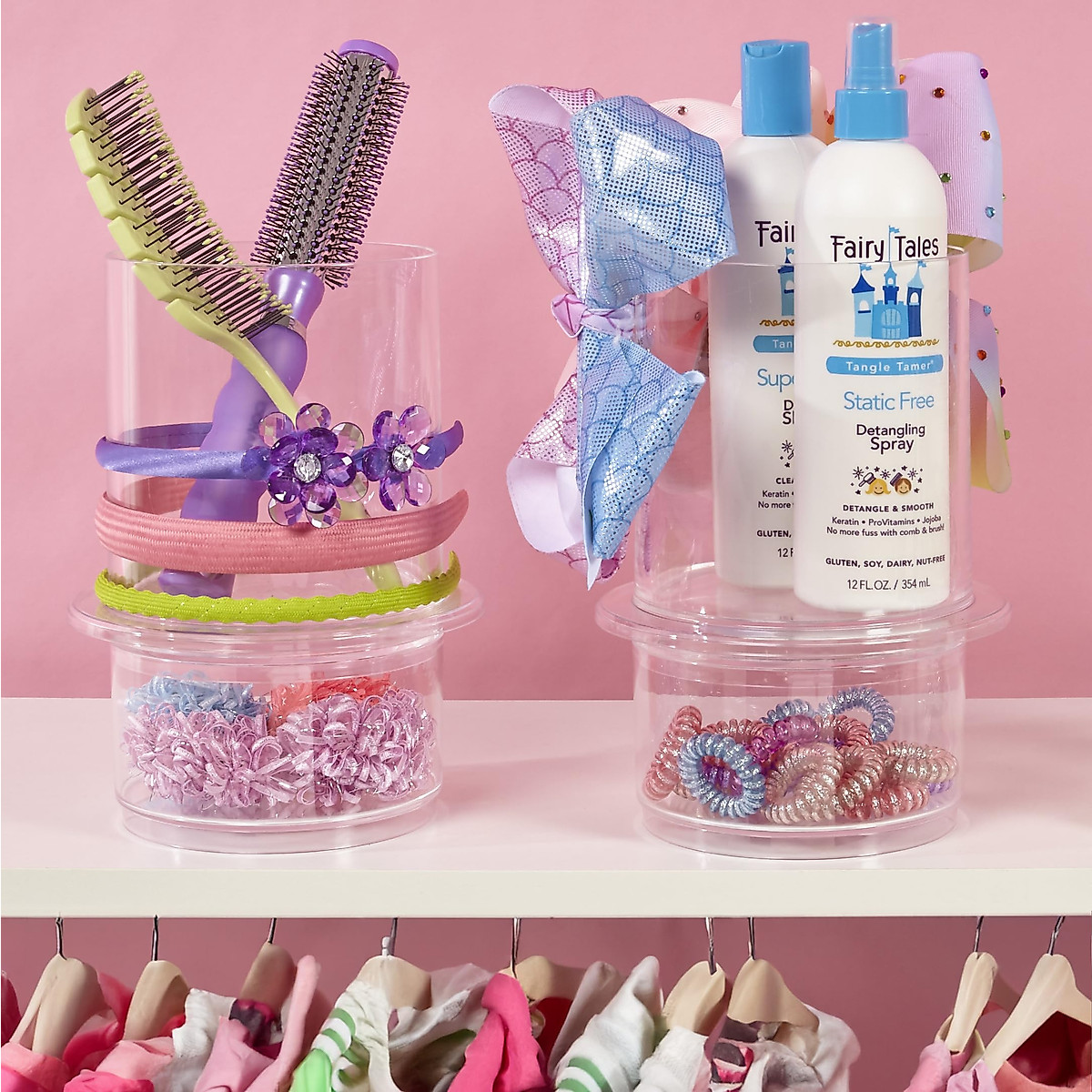 STORi Bella Stackable Clear Plastic Hair Accessory Organizer Set | Round Headband and Hairbrush Holder Stacks on The Storage Containers with Tray Lid | Made in USA