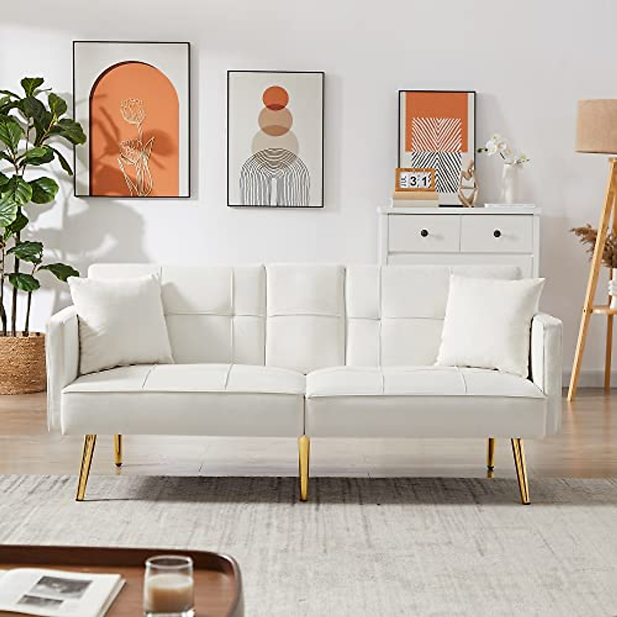 Woanke Convertible Sleeper wit Armrests Modern Velvet Sofa Bed for Living Room Office Folding Recliner Futon Couch with Metal Legs, Cream White