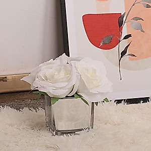 Nisoger Artificial Flowers in Vase, White Silk Rose Faux Flowers in Vase, Fake Flowers with Vase Bouquets Arrangements Home Decoration for Dinning Table Centerpieces Bedroom Bathroom Kitchen, White