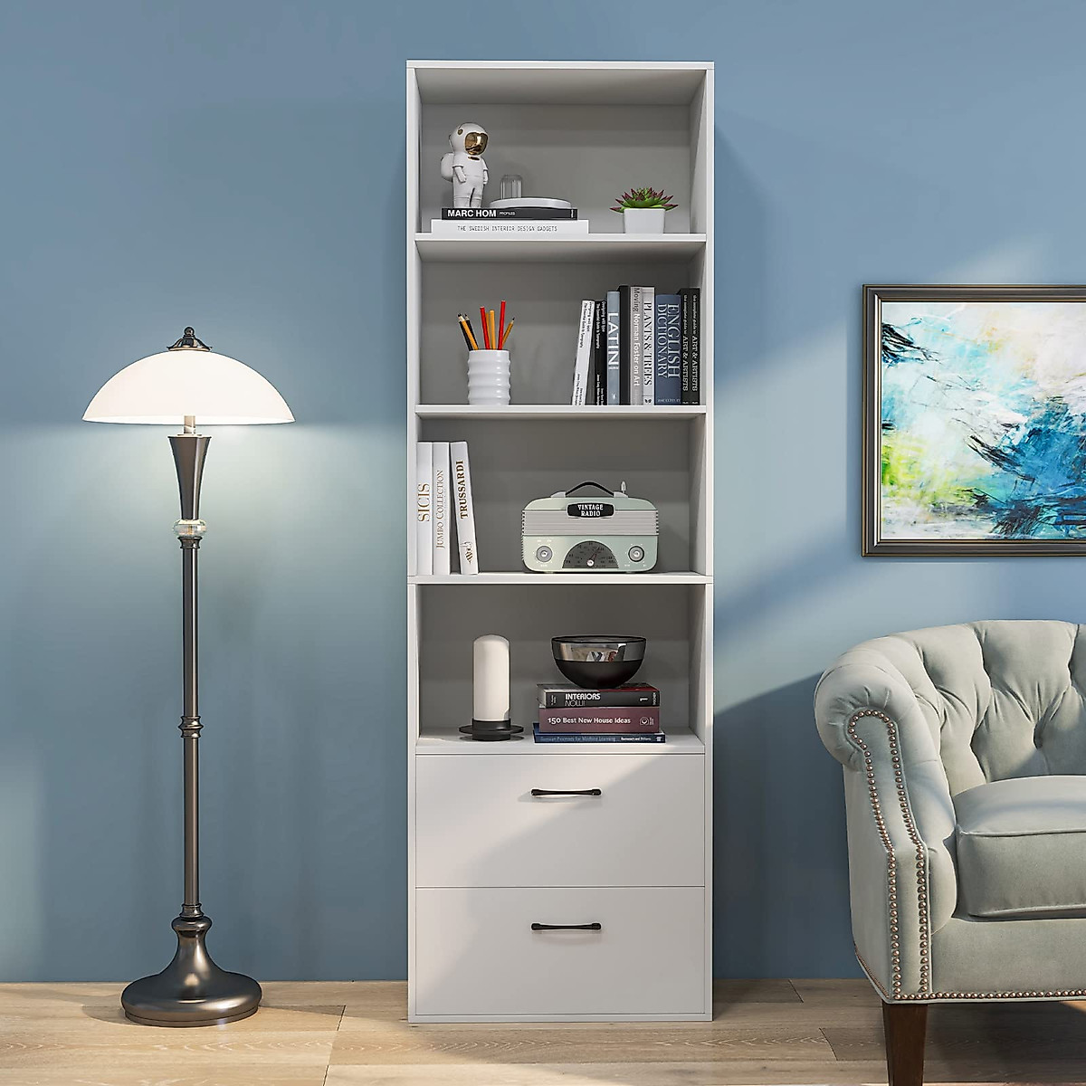 Tangkula 4 Shelf Bookcase with 2 Drawers, 74 Inch 4 Tiers Tall Open Bookshelf with 2 Slide-Out Drawers, Anti-toppling Device, Freestanding Wood Storage Shelf for Home Office (White, 74" H)