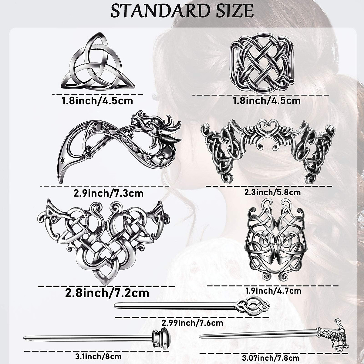 6 Pieces Silver Celtic Hair Slide Hairpins Viking Celtic Hair Clips Knot Stick Vintage Metal Barrette Pin Retro Accessories for Women