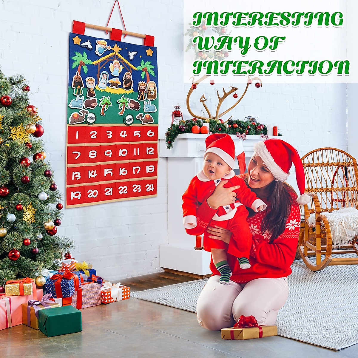 Timoo Nativity Advent Calendar 2024 Fabric Christmas Countdown Calendar for Kids Wall Christmas Advent Calendar with Pockets and 24 Unique Stuffed Figures