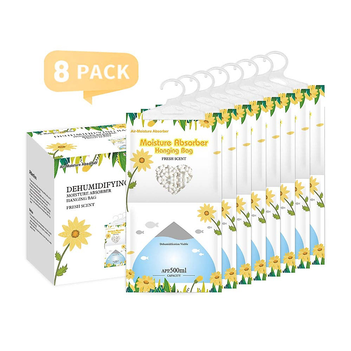 CANAGER Hanging Moisture Absorber, Fresh Scent Moistureproof Desiccant Hanging Bag，Dehumidifier Bag (8 packs) Hanging Closet Dehumidifier Bags, Moisture Absorb 12.5 oz