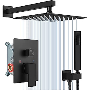 Midanya Matte Black Rain Shower System 10 Inch Square Rainfall Shower Head Wall Mount Shower Faucet Set with Hand Sprayer Rough-in Valve Trim Kit Bathroom Mixer Shower Combo Set