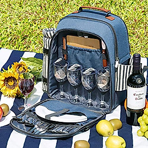 Sunflora Picnic Backpack for 4 Person with Blanket Picnic Basket Set for 2 with Insulated Cooler Wine Pouch for Family Couples (Blue & Stripe)