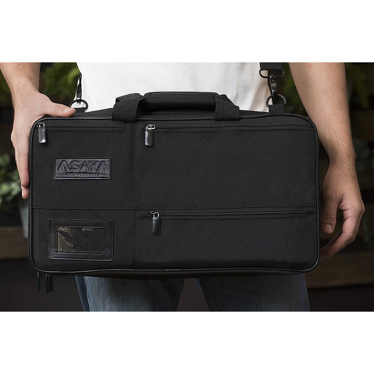 Asaya Chef Knife Bag - 28 Pockets for Knives and Kitchen Utensils - Durable Ballistic Nylon, Black Stainless Steel Hardware, Card Holder and Adjustable Shoulder Strap - Knifes not Included (Black)