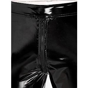 TSSOE Men Shiny Wetlook Patent Leather Skinny Pants Tight Zipper Crotch Clubwear Motor Biker Leggings Black Small