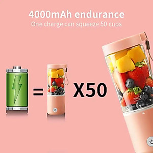 Ocean1 Portable Blender Pro, 6-Blade Personal Blender with 4500mAh Battery, 420ml Cup, 50 Cups/100% charge, USB Type C Rechargeable, Stainless Steel Blades, BPA Free (Pink)