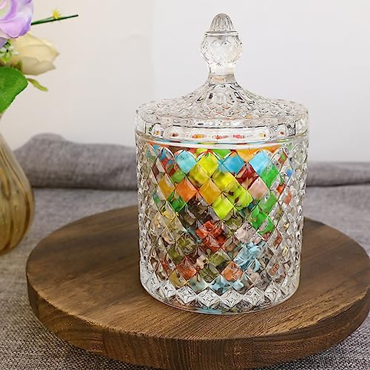 INFTYLE Glass Candy Dish with Lid 1pcs 20oz Large Crystal Glass Candy Jar Jewelry Box Dappen Dish Cookie Jar for decorative storage gift idea