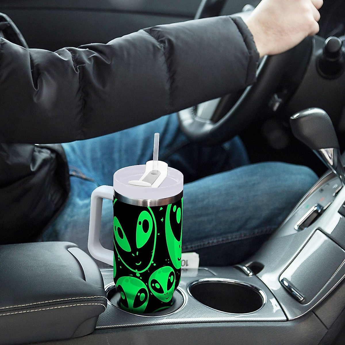 ARGTILDN 40 oz Tumbler Green Space Alien Insulated Travel Mug with Handle and Straw Lid Stainless Steel Vacuum Coffee Cup Tea Beverage Container Water Bottles for Car Sports office