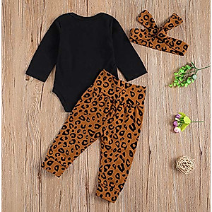 MAINESAKA Newborn Baby Girls 3pcs Outfit Set Auntie's Bestie Romper + Floral Pants Clothing Set(black + leopard 1,6-9 Months)
