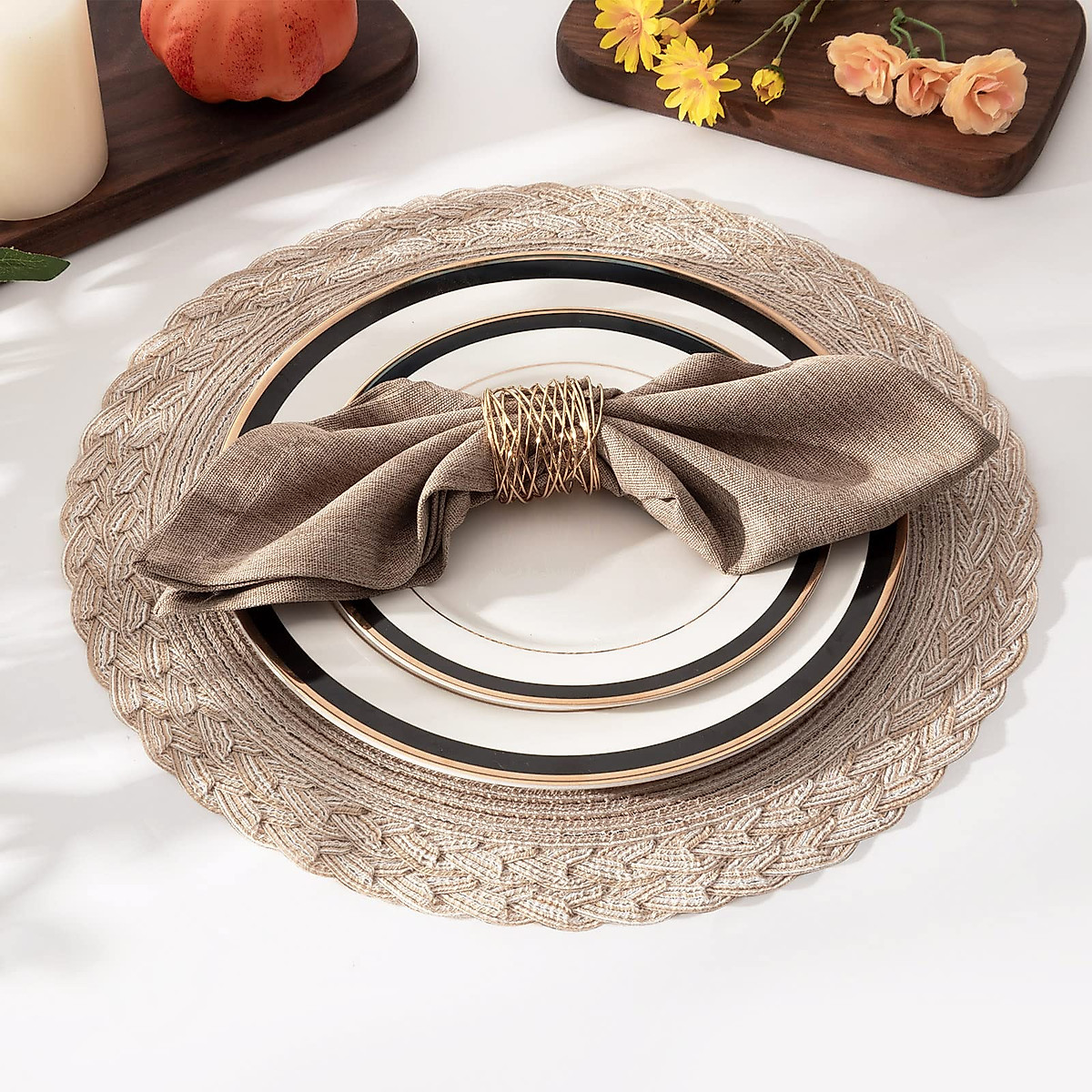 SHACOS Round Placemats Set of 6 Boho Woven Braided Border Table Mats Washable Heat Resistant 15 inch Circle Place Mats for Dining Table, Beige