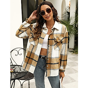 UANEO Womens Plaid Shacket Button Down Wool Blend Fall Flannel Shirt Jacket (Khaki-L)