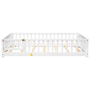 PVWIIK Twin Size Montessori Floor Bed Frame with Convertible Door & Wood Slats for Kids,Wood Montessori Bed with Safety Guardrails for Girls & Boys,White