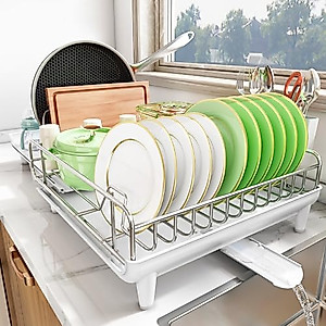 Dish Drying Rack, Expandable Dish Racks for Kitchen Counter with Versatile Pot Pan Rack, Large Stainless Steel Dish Drainers with Utensil Holder, White