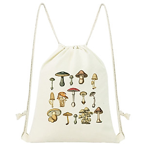 Barri Design Vintage Mushroom Drawstring Backpack for Women Aesthetic Mushroom Drawstring Bag Cotton Canvas Draw String Bag Sport Gym Beach Sackpack Shopping Sack Bag