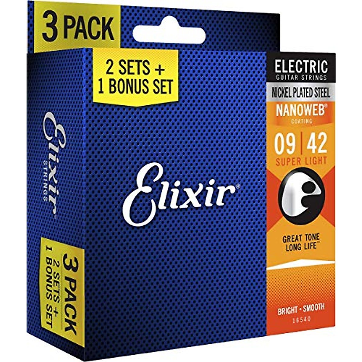 Elixir® Strings 16540 Electric Guitar Strings with NANOWEB® Coating, 3 Pack, Super Light (.009-.042)