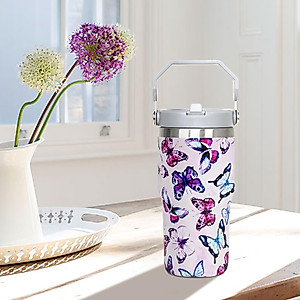 Hachishun Butterfly Tumbler with Handle, Stainless Steel Vacuum Insulated Flip Straw 20 oz Pink Butterfly Tumbler Spill Proof Coffee Travel Mug Butterfly Gifts for Women