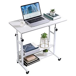 Portable Desk for Bedroom Height Adjustable 31x16 inch Storage Rolling Desk Modern Laptop Table Home Office Workstation Sofa Side Table with Wheels for Living Room Mobile Couch Small Study Desk White