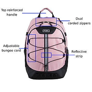 FUEL Hiking Backpack for Women Men Terra Sport, Travel, College, Gym, Work with Laptop Sleeve, Bungee, 18 Inches, Pink