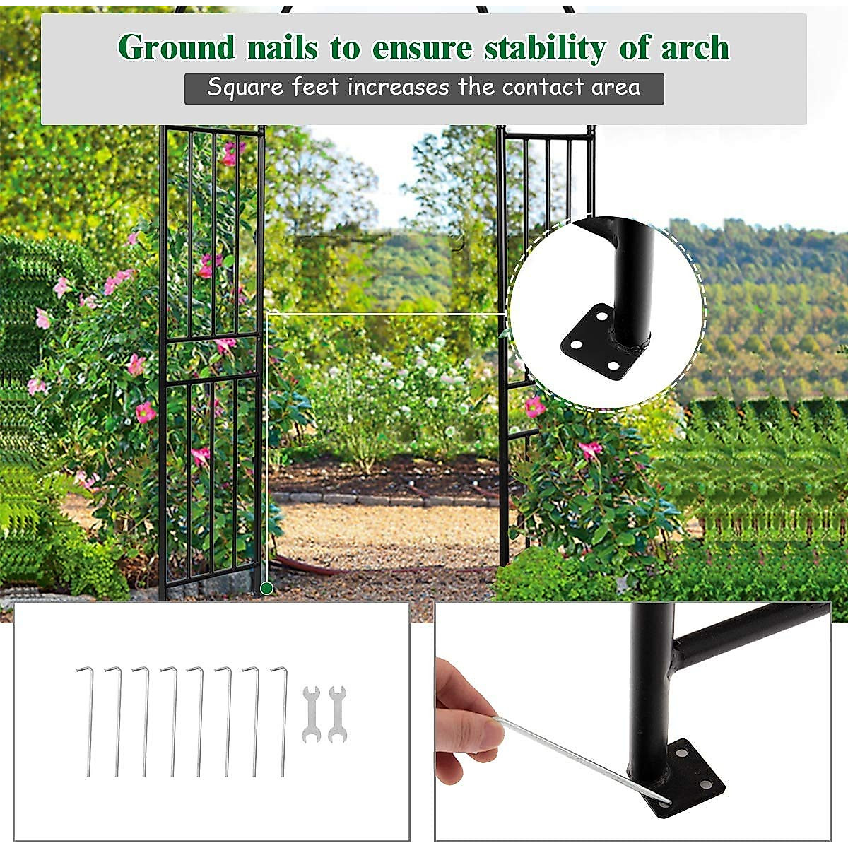 LDAILY Moccha Garden Arch Arbor Trellis, 7.2Ft Outdoor Steel Arbor with Stakes, Metal Archway for Climbing Plants, Wide Sturdy Durable Garden Arch for Lawn, Party, Ceremony Wedding Decoration, Black