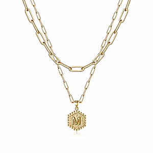 Dainty Layering Initial Necklaces for Women Trendy, Paperclip Chain Necklace for Women Simple Cute Hexagon Letter Pendant Initial M Necklace Choker Necklaces Gold Layered Necklaces for Women Trendy