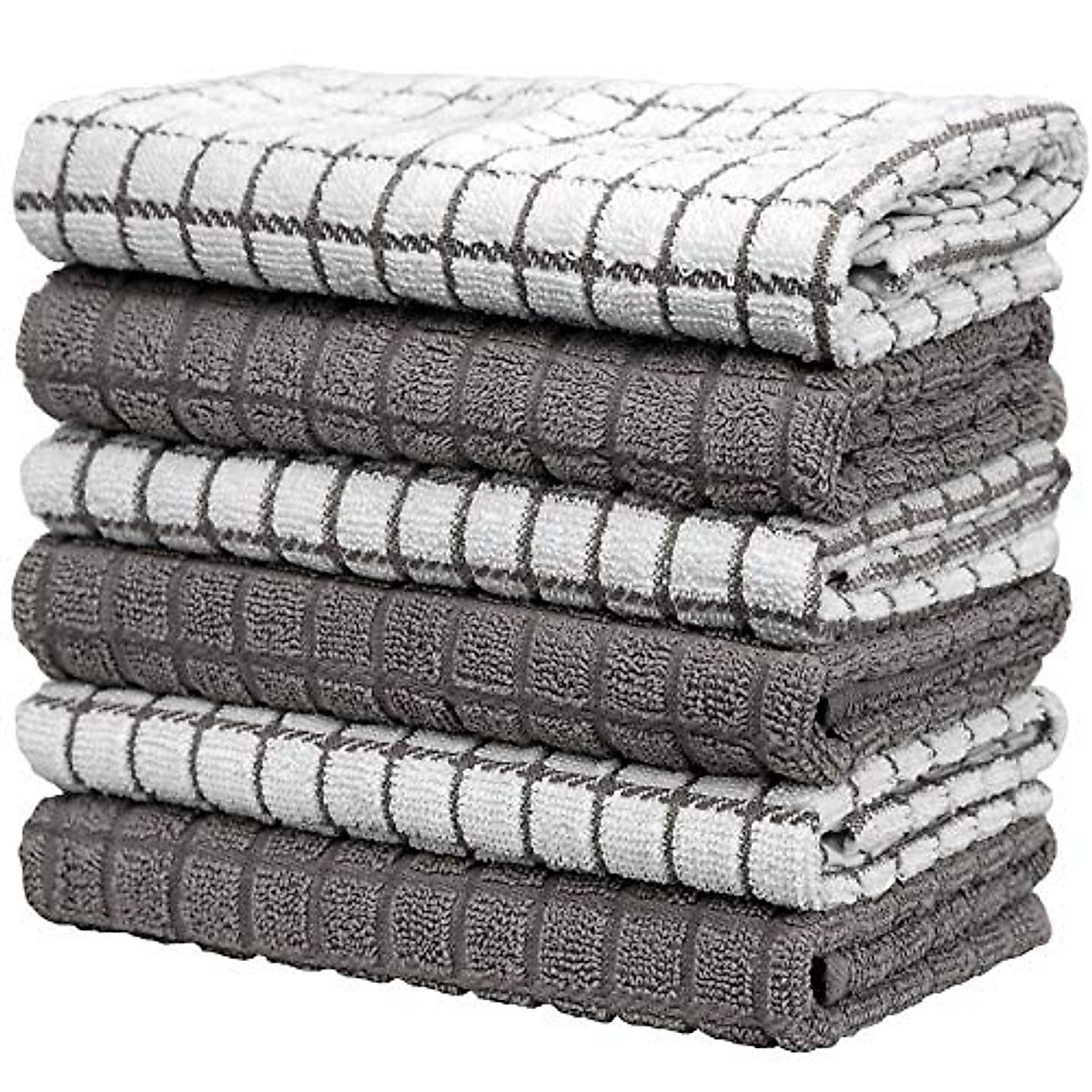 Kitchen Towels 16"x 28" | Dish Towels | Kitchen Hand Towels | Large Dishcloths Set | Highly Absorbent Tea Towel, Soft with Hanging Loop | Natural Ring Spun Cotton, 380 GSM | Gray Check Design - 6 Pack