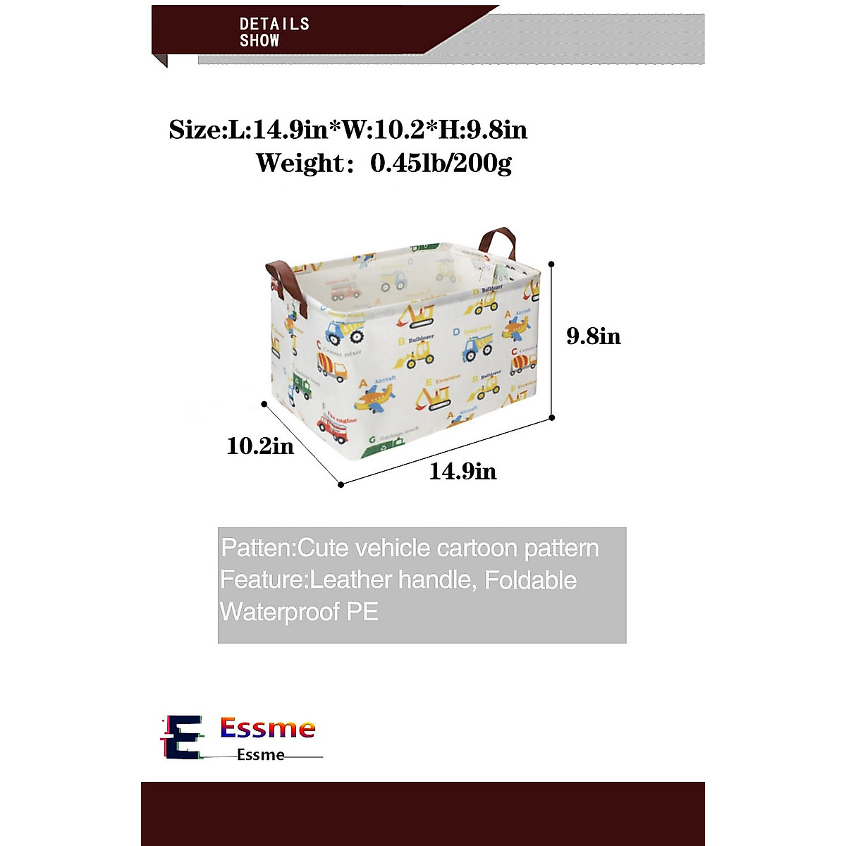 Essme Rectangular Kids Basket,Car Storage Baske with Handles for Boys Room Decor,Monster Truck Basket,Shelf Basket,Gift Basket.(Vehicles)