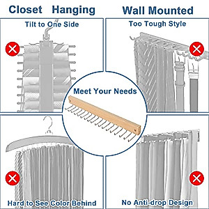 Tie Rack Wall Mounted, Natural Wood Tie Organizer Holds 20 Ties/Belt/Purse, Tie and Belt Organizer with/ 360° Rotatable Hooks,Screw Nail, Ideal for Installation on Wall、Door、Closet, 1 Pack, Natrual