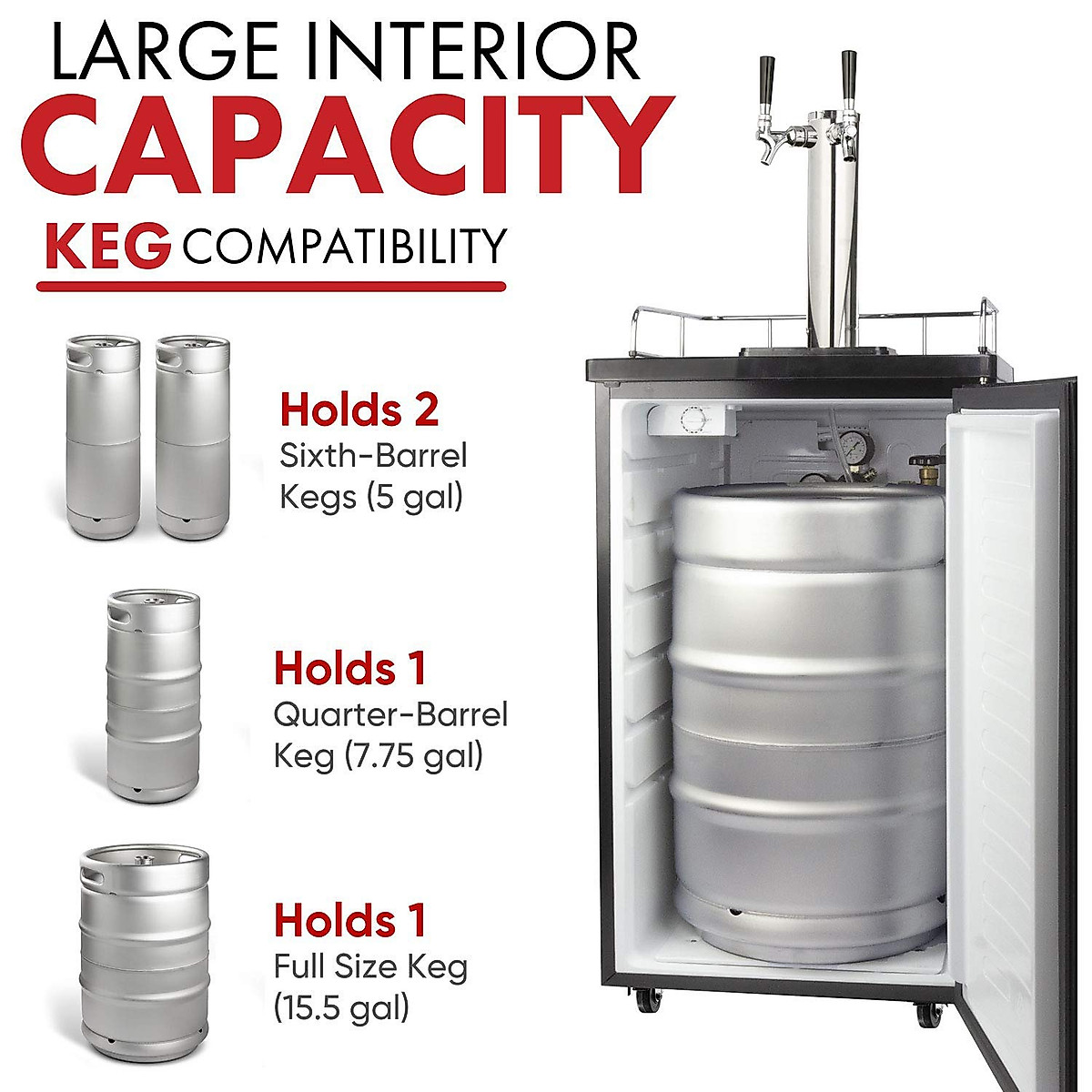 Kegco K199B-2P Kegerator Two Keg Beer Cooler - Premium Double Faucet D System Kit - Black Door