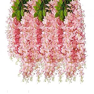 GOOCHOO 12 Pack 3.6 Feet Artificial Fake Wisteria Vine Ratta Hanging Garland Silk Flowers String Party Home Wedding Decor, (Light Pink)