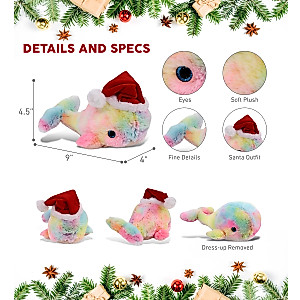 DolliBu Santa Large Rainbow Whale Stuffed Animal Plush Toy - Soft Wild Animal Dress Up with Red Santa Claus Hat, Cute Wildlife Gift, Perfect Holiday with Name Personalization - 9 Inches