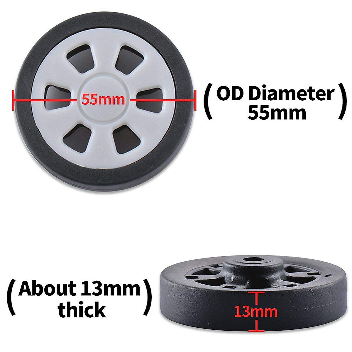 Rhinenet Replacement Luggage Suitcase Wheels OD 55mm Repair Kit Parts Axles Rubber Metal Swivel Caster Trolley Wheels Bearings Tools Wear-Resistant Mute Flexible Set of (4) Wheels 55mm x 12mm x 6mm