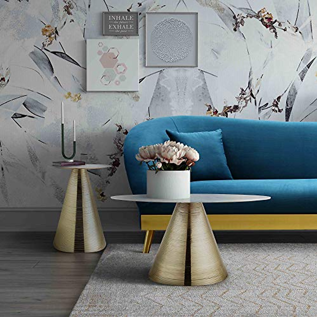 TOV Furniture Tempo Modern Round Marble Side Table, 16", Gold, White