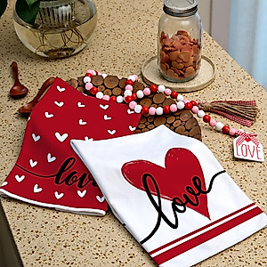 ARKENY Valentine Day Kitchen Towels Red Heart Dish Towels 18x26 Inch Ultra Absorbent Wedding Drying Cloth Love Sign Hand Towel for Valentine Decorations Set of 2