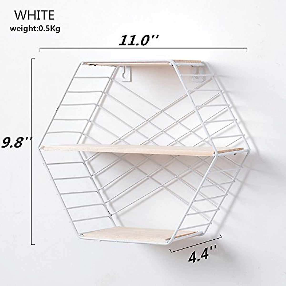 Doremy Floating Shelf,Wall Mounted Modern Simple Geometry Wood Metal Wire Hexagon Plant Flower Wall Decoration Wall Storage Shelves Display Racks Perfect for Bedroom,Living Room,Office (White)