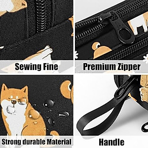 Fustylead Cute Cartoon Shiba Inu Dog and White Daisy Flower Large Pencil Bag Storage Pen Case Makeup Pouch Stationery Bag for School College Office Organizer