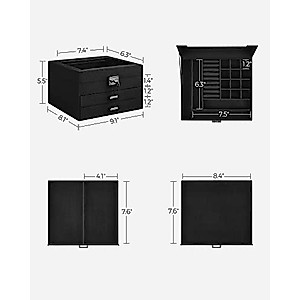 SONGMICS Jewelry Box, Lockable Jewelry Storage Organizer, Jewelry Case with Glass Window, for Rings, Earrings, Studs, Bracelets, Necklaces, Black UJBC158B01