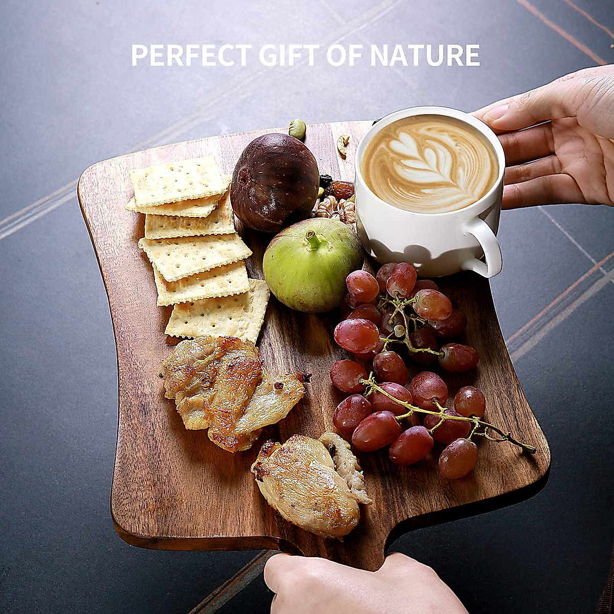 YSTKC Acacia Wood Cutting Board with Handle 14" x 8.5" Inch, Wooden Serving Tray, Charcuterie Paddle, Cutting Serving Versatile Board for Meat, Cheese, Vegetables, Bread, and Charcuterie