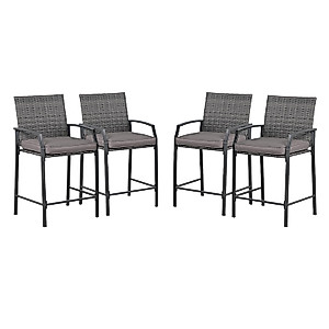 OC Orange-Casual Outdoor Bar Stool Set of 4, All-Weather Wicker High Top Patio Dining Chair, 4 Counter Height Rattan Barstools with High Back & Armrest, for Porch, Garden, Pub, Grey Cushion