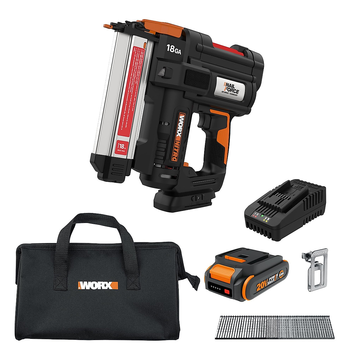 WORX Nitro 20V 18GA Cordless Brad Nailer, Cordless Nail Gun, Nail Gun Battery Powered, Up to 2 Inch, Tool-Free Jam Release, Trimming & Molding, Baseboard WX842L PowerShare – Battery, Charger Included
