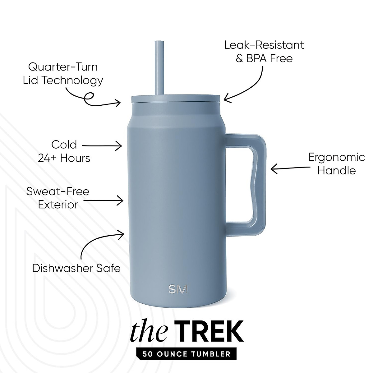 Simple Modern 50 oz Mug Tumbler with Handle and Straw Lid | Reusable Insulated Stainless Steel Large Travel Jug Water Bottle | Gifts for Women Men Him Her | Trek Collection | 50oz | Blue Dune