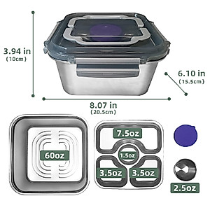 ENCYS Stainless Steel Salad Container for Lunch Large-60-oz Salad Bowl with Lid,3 Compartment Bento-Style Tray and 2.5-oz Salad Dressings Container,Salad Container,Lunch Box,Bento Box(Grey)