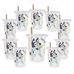 The First Years Bluey Take & Toss Toddler Straw Cups - Spill Proof Toddler Sippy Cups with Snap On Lids and Straws - Bluey Gifts and Bluey Party Supplies - 10 Oz - 10 Count