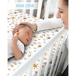 Babebay Pack N Play Sheets Fitted for Pack and Play Mattress and Mini Cribs, Jersey Knit Cotton for Natural Comfort Fitted for Baby Boys and Girls, Soft and Safe, 2 Pack (Rainbow and Sun)