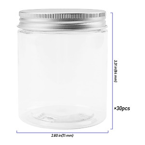ZEONHEI 30 Pack 8 Oz Plastic Jars with Aluminum Lid, Wide Mouth Clear Empty Plastic Containers for Food Storage Cream Jam Samples