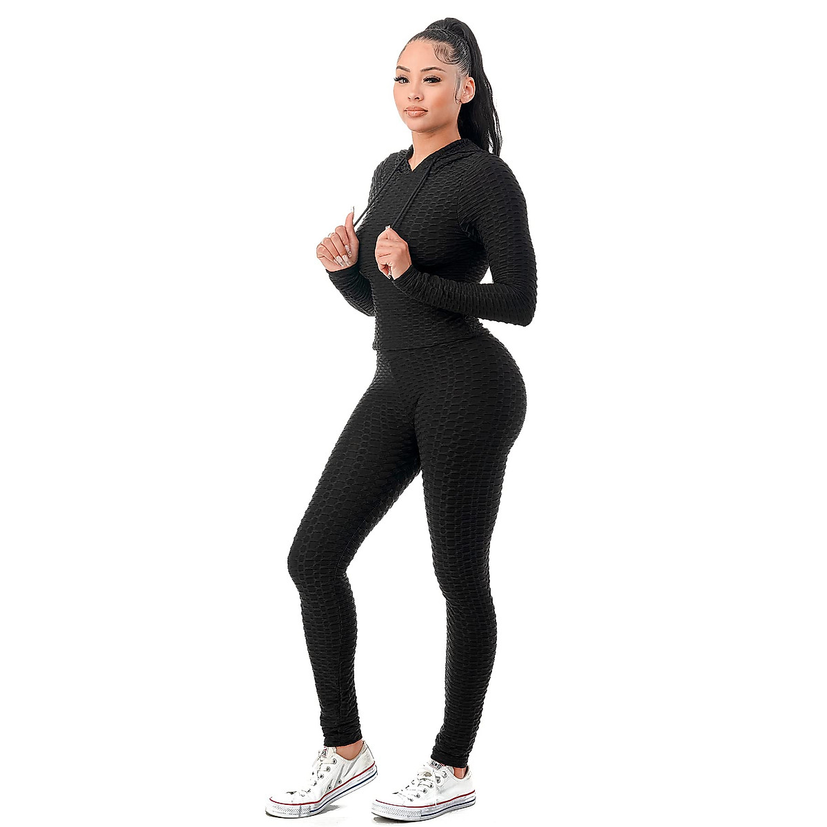 Workout Gym Bodycon Yoga Outfit 2 Piece Hoodie Set Leggings Bodysuit Plus Size (2pc Set: Black, Medium)