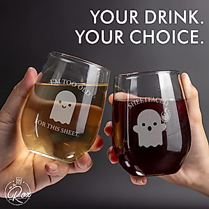 On The Rox Drinks Halloween Wine Glass Gifts for Women - I'm Too Old For This Sheet Sheet Faced 2PC Wine Glass Set - Halloween Cups, Halloween Tumbler, Drinking Glassware - Spooky Ghost Gifts