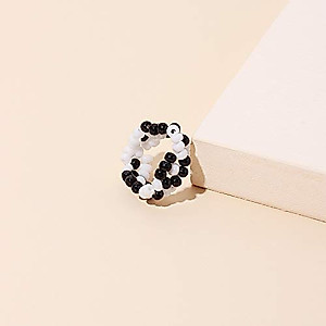 6pcs Colorful Beaded Daisy Flower Stretch Rings Set Handmade Seed Beads Multicolor Adjustable Elastic Multiple for Women Summer Beach Bohemian Holiday Jewelry